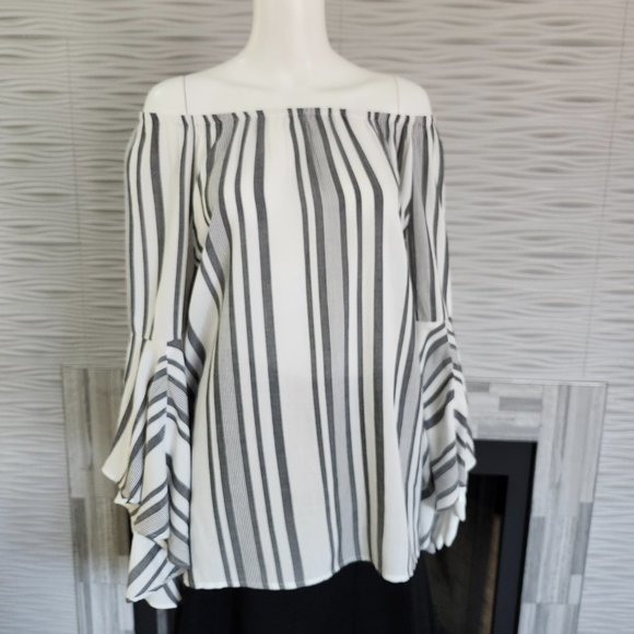 Fever | Tops | Fever Off Shoulder Blouse Bell Sleeves Black White ...